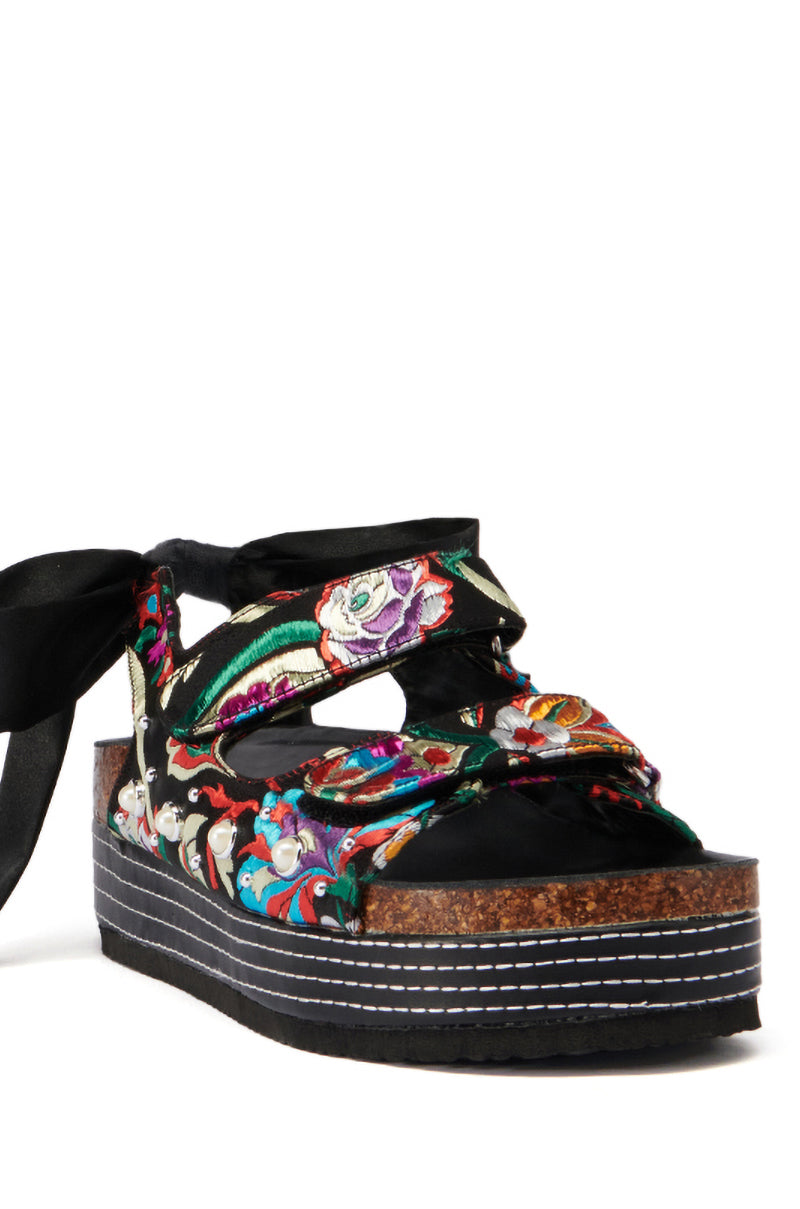 AZALEA WANG MACKLEY BROCADE IN BLACK FLATFORM SANDAL – AKIRA