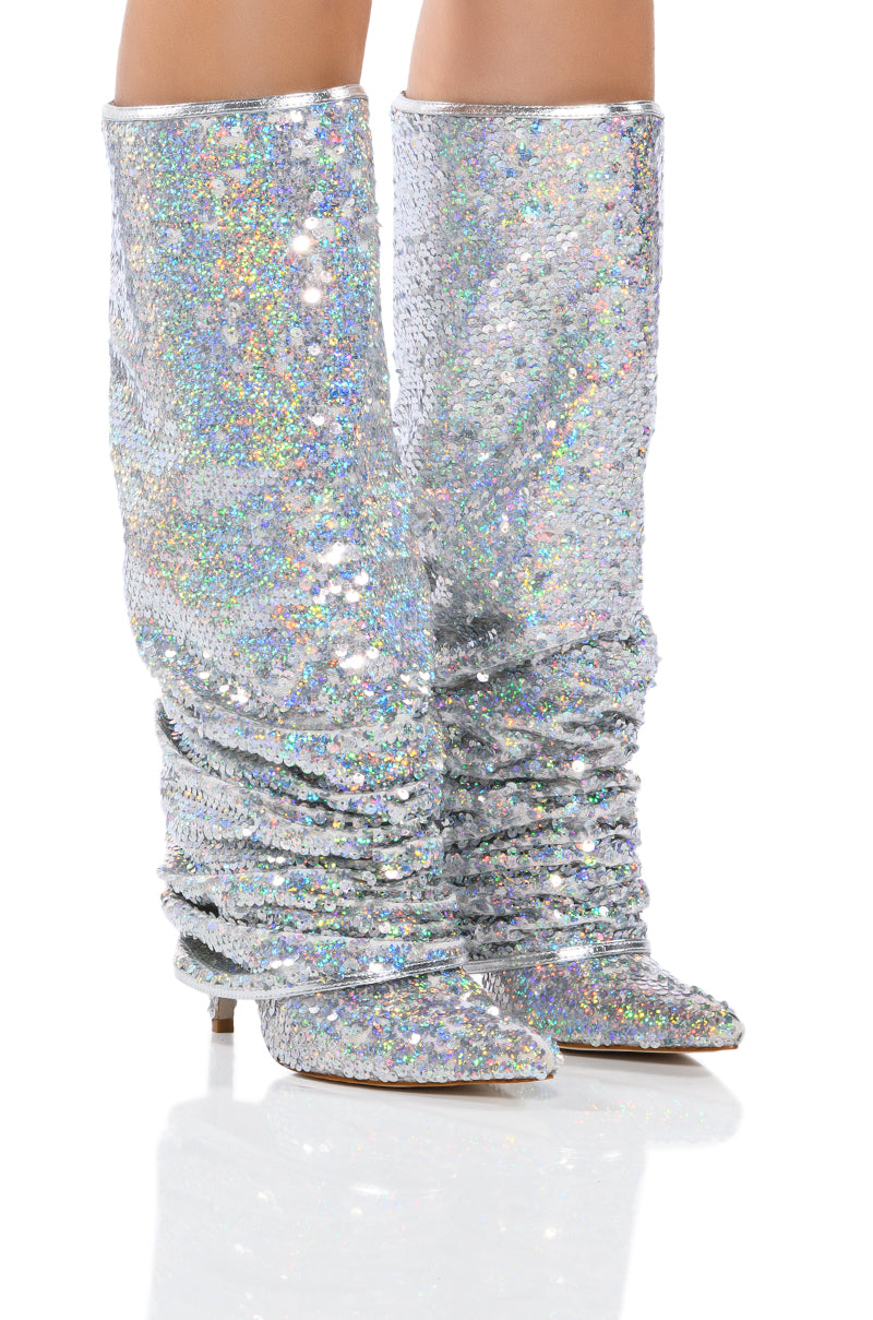 AZALEA WANG NEBULA SEQUIN EMBELLISHED BOOT IN SILVER – AKIRA