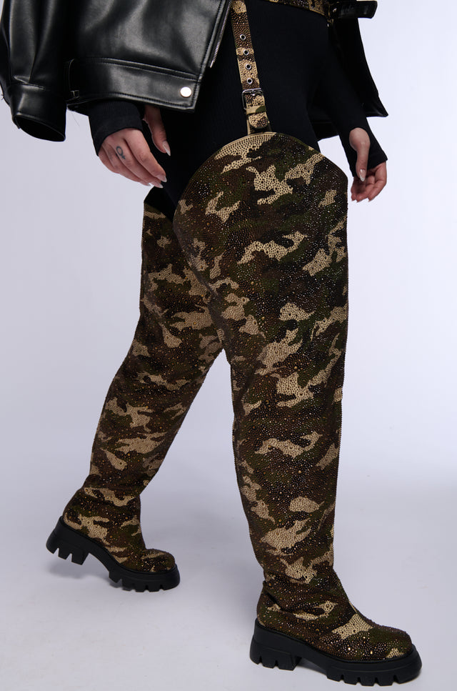 AZALEA WANG POP OUT RHINESTONE CAMO FLATFORM CHAP BOOT – AKIRA