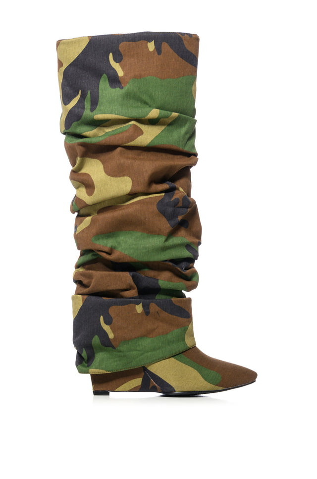 AZALEA WANG ZUMMA CAMO RUCHED WEDGE BOOT – AKIRA