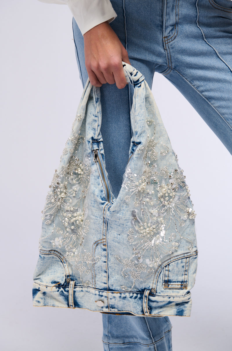 BLESSING IN DENIM EMBELLISHED SHOULDER BAG – AKIRA