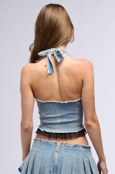 BREAK UP WITH HIM DENIM HALTER NECK TOP – AKIRA
