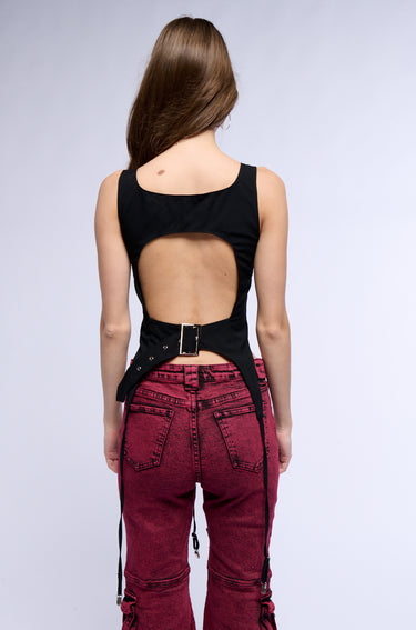 BUCKLED UP CROP OPEN BACK VEST – AKIRA