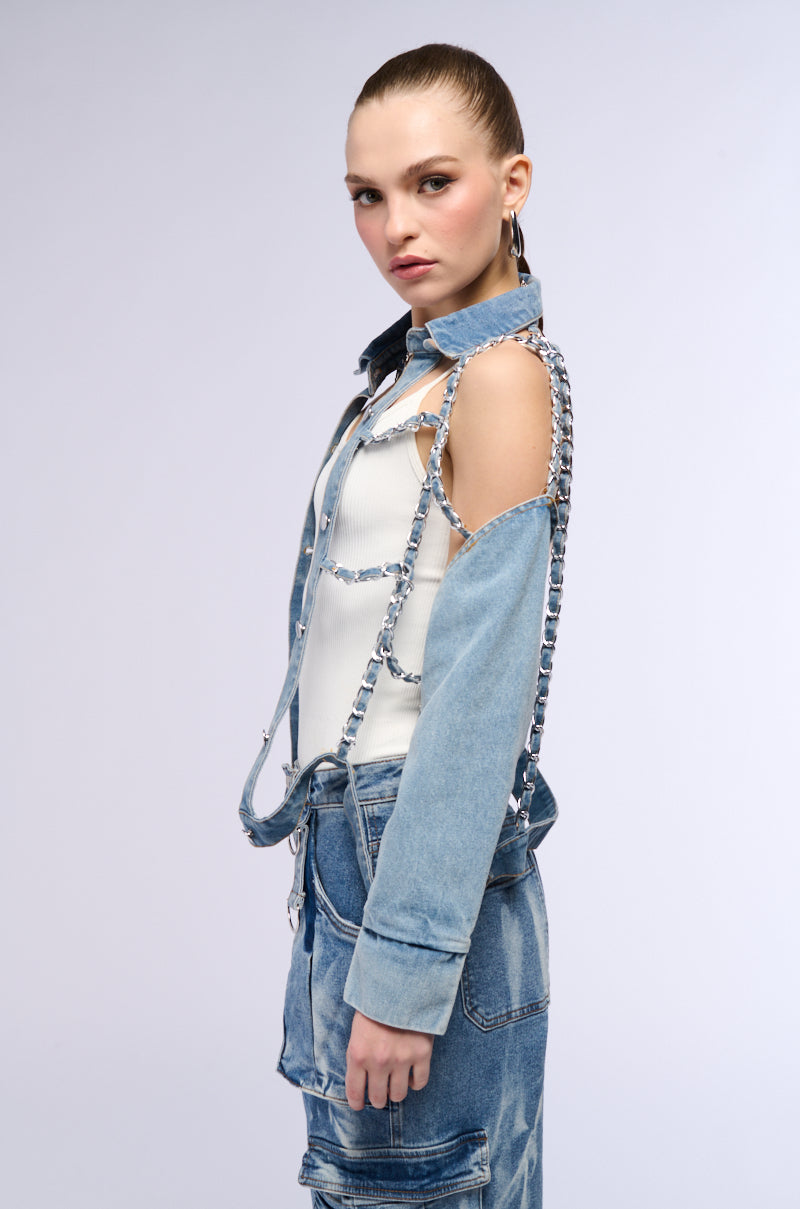CAGED DENIM AND EXPOSED BODICE JACKET – AKIRA