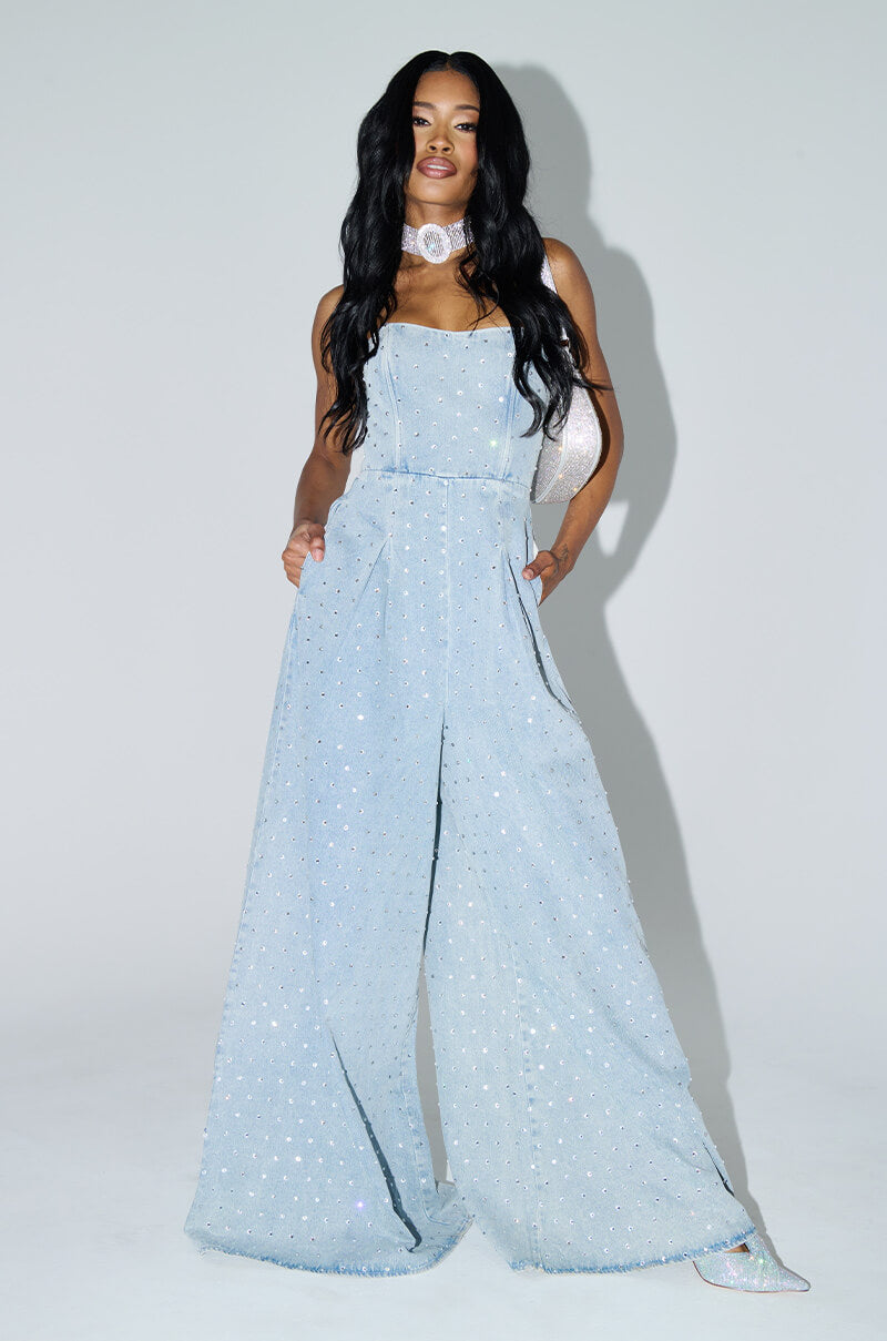 CAN'T OUTSHINE ME DENIM AND RHINESTONE JUMPSUIT – AKIRA