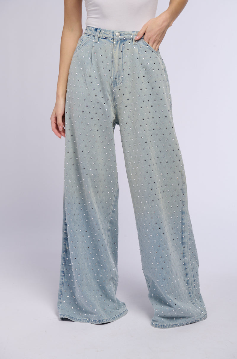 DAZZLED RHINESTONE STUDDED EXTRA LONG DENIM PANTS – AKIRA