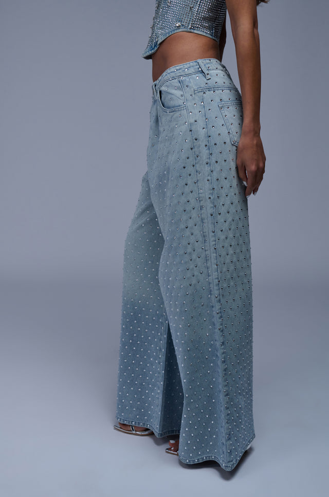 DAZZLED RHINESTONE STUDDED DENIM PANTS – AKIRA