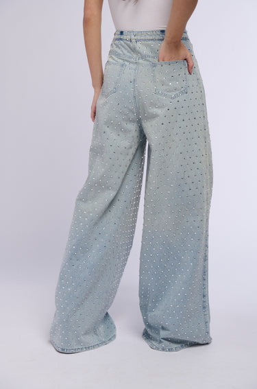 DAZZLED RHINESTONE STUDDED EXTRA LONG DENIM PANTS – AKIRA
