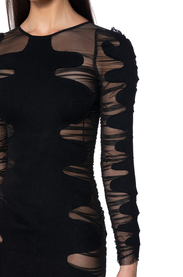 DEVON DENIM AND MESH LONG SLEEVE MIDI DRESS – AKIRA