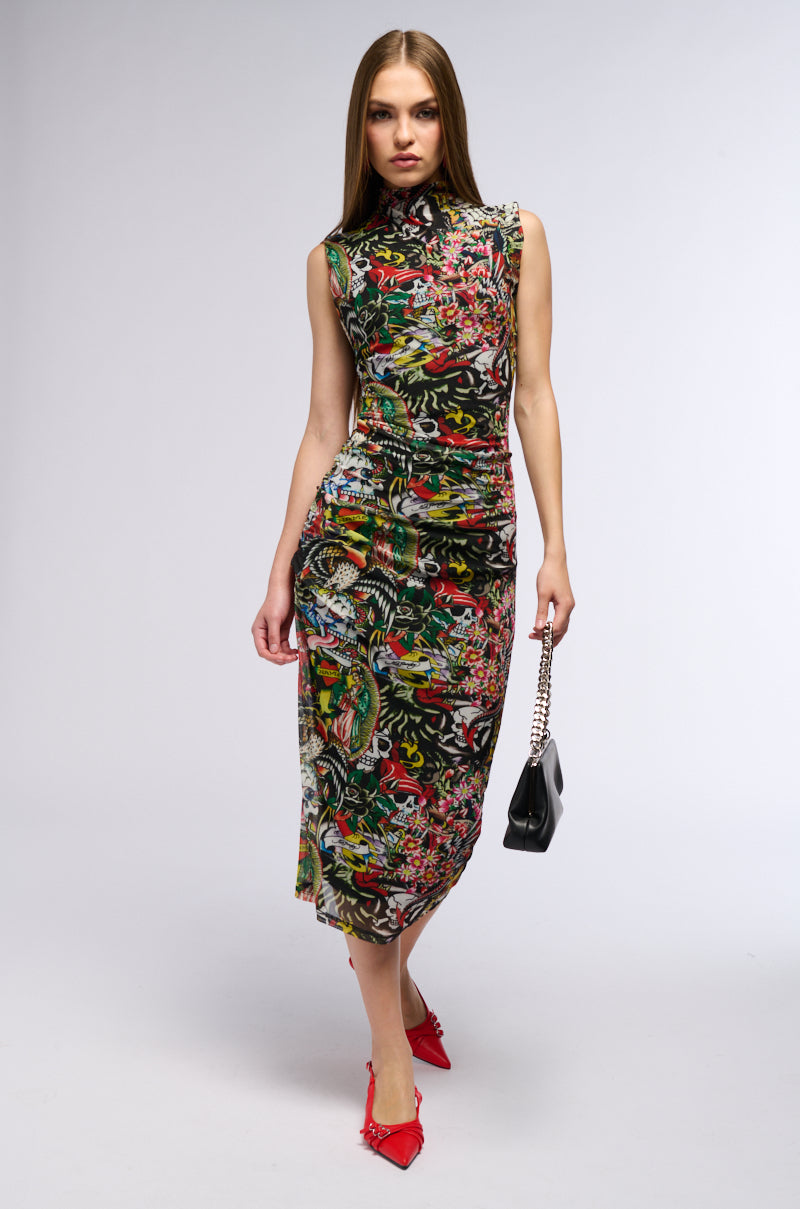 ED HARDY TATTOO COLLAGE PRINT MIDI DRESS – AKIRA