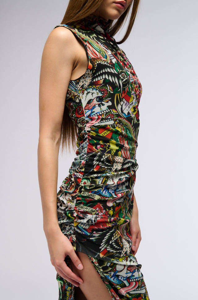 ED HARDY TATTOO COLLAGE PRINT MIDI DRESS – AKIRA