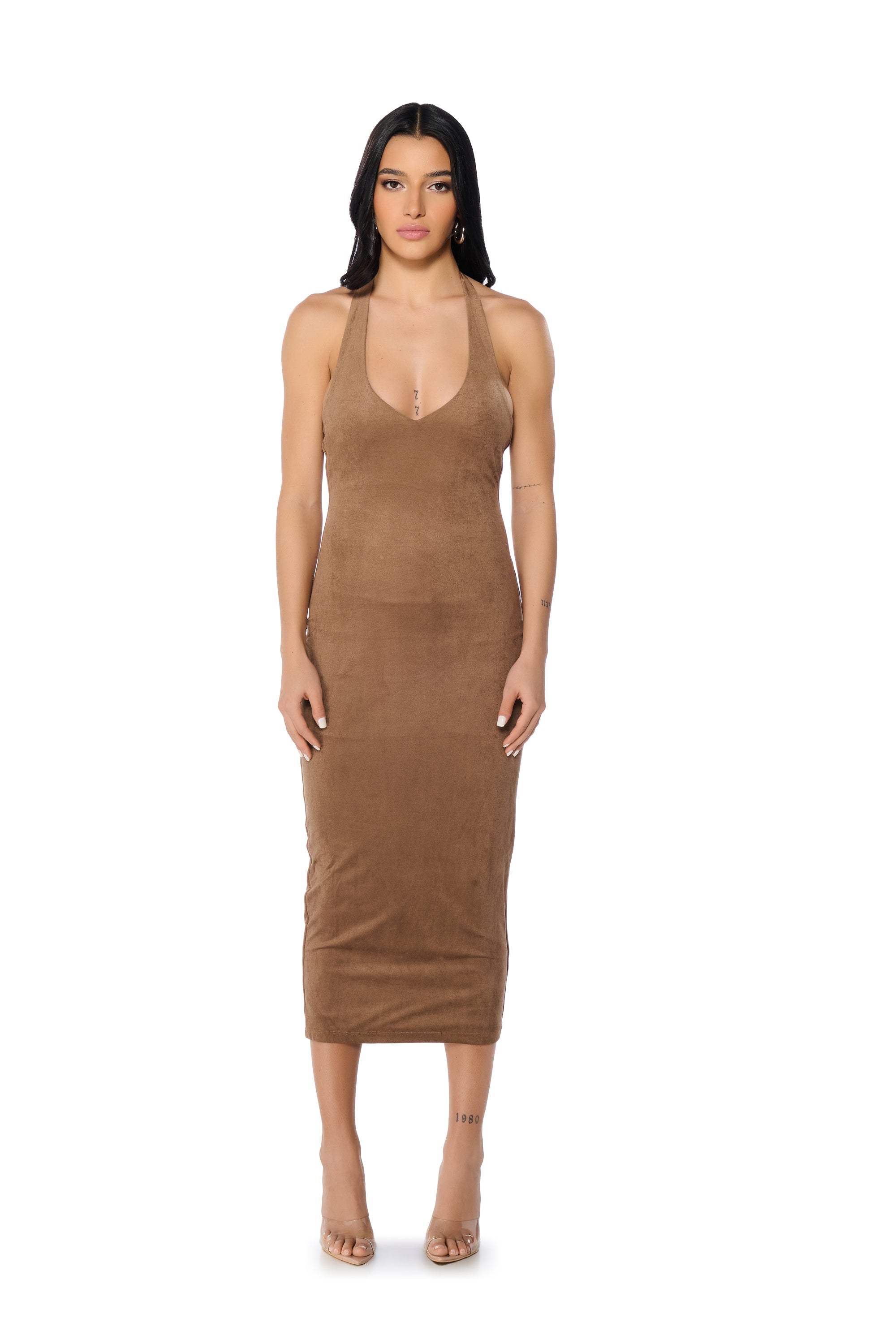 FAUX SUEDE HALTER NECK MIDI DRESS – AKIRA
