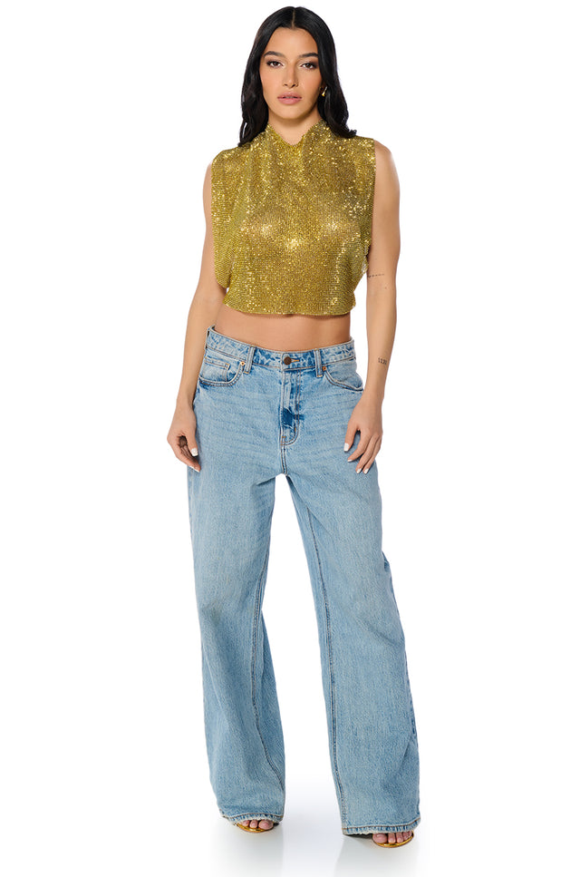 GLISTEN OPEN BACK RHINESTONE CHAIN MAIL TOP IN GOLD – AKIRA