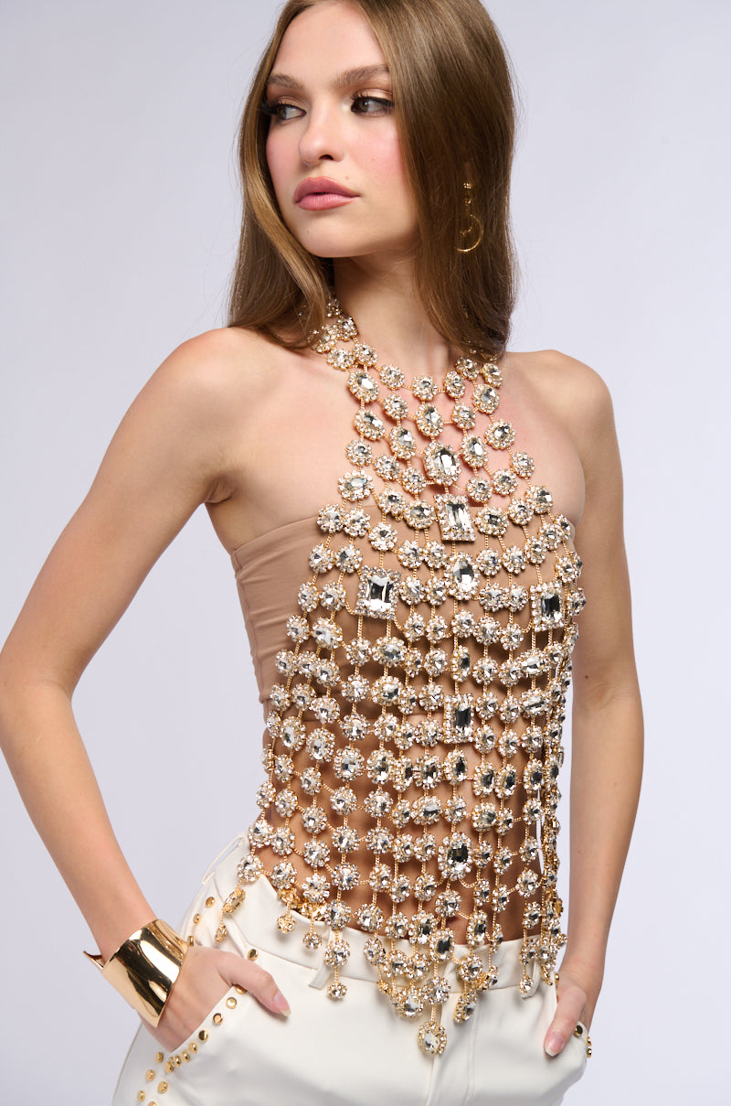 ICY GIRL RHINESTONE EMBELLISHED TOP IN GOLD – AKIRA