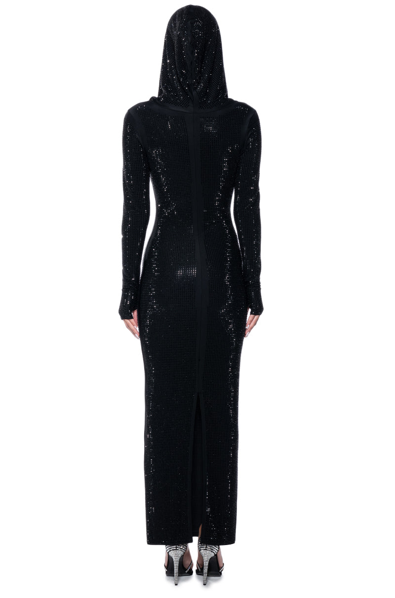 IMA SHINE RHINESTONE HOODED MIDI DRESS IN BLACK – AKIRA