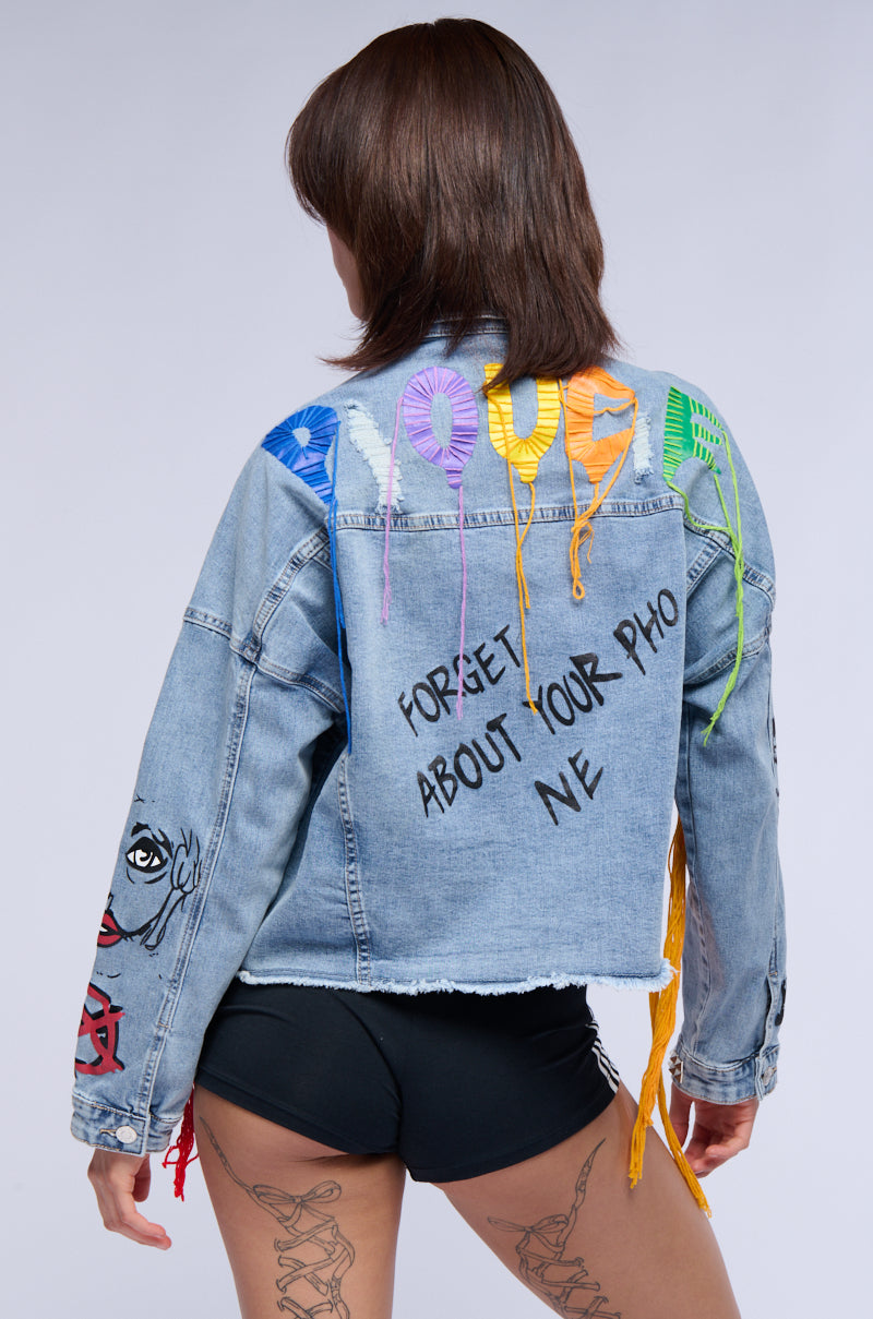 LOST IN THE CITY STUDDED YARN APPLIQUE DENIM JACKET – AKIRA