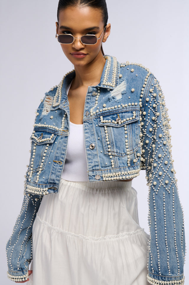 LUCKY YOU CROPPED PEARL DENIM JACKET – AKIRA