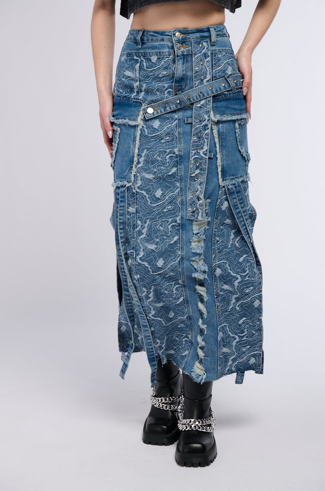MIXED MEDIA DENIM MAXI SKIRT – AKIRA
