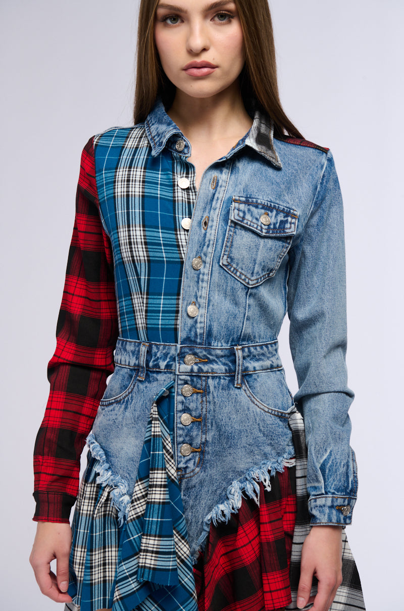 PATCHWORK PLAID DENIM MINI DRESS – AKIRA