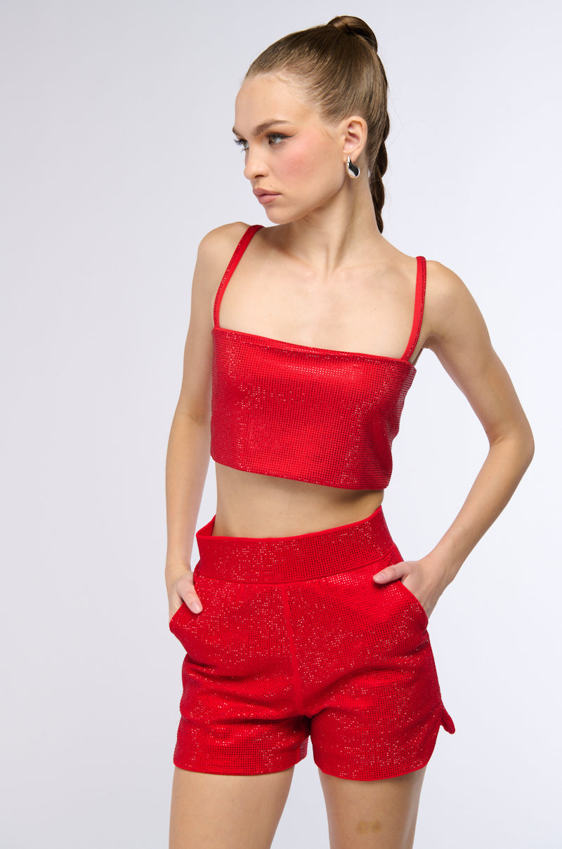 POP STAR HOT FIX RHINESTONE CROP TOP IN RED – AKIRA