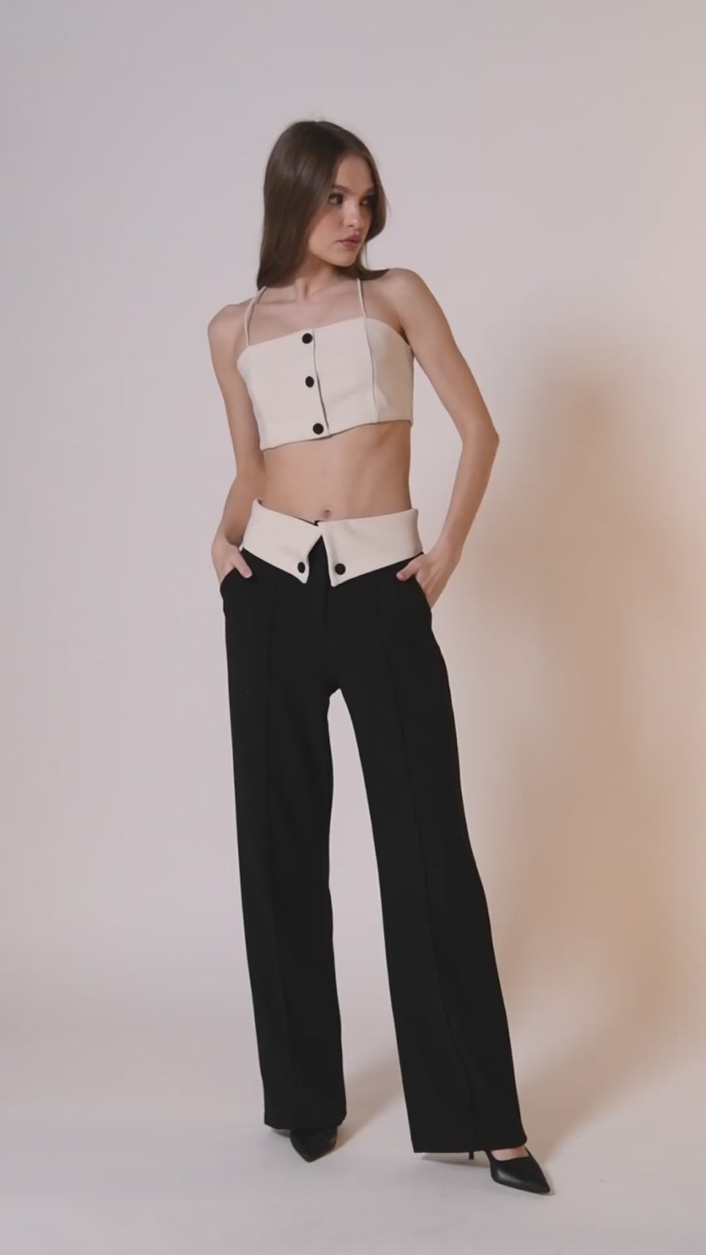 ADELE BUTTON DETAIL FOLDED WAIST WIDE LEG TROUSER – AKIRA