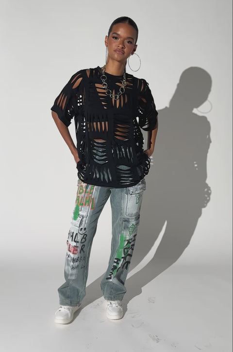 CUT HIM OFF SHORT SLEEVE DISTRESSED T-SHIRT IN BLACK – AKIRA