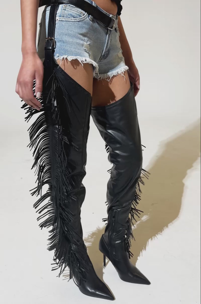 AZALEA WANG KATRICE BLACK STILETTO WESTERN FRINGE CHAP BOOT – AKIRA