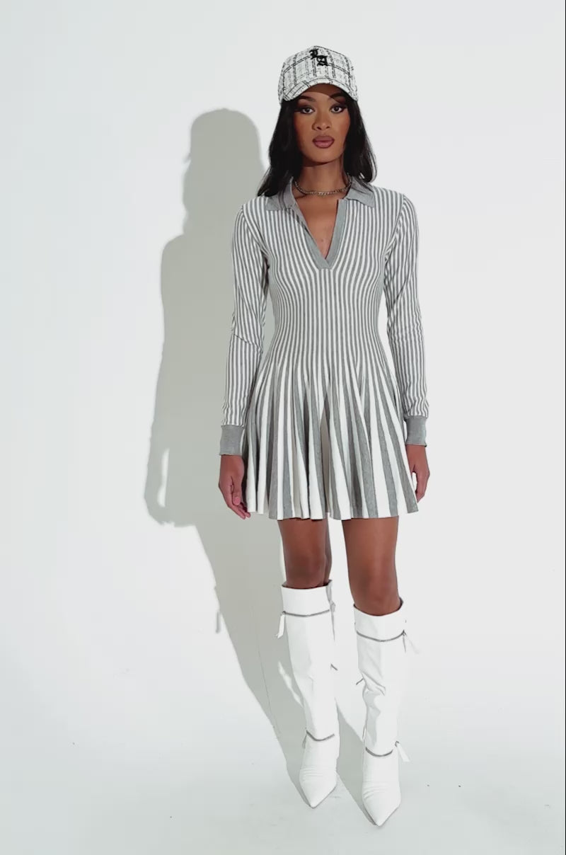 ALINA PLEATED KNIT FIT AND FLARE MINI DRESS WITH LONG ALINA PLEATED KNIT FIT AND FLARE MINI DRESS WITH LONG