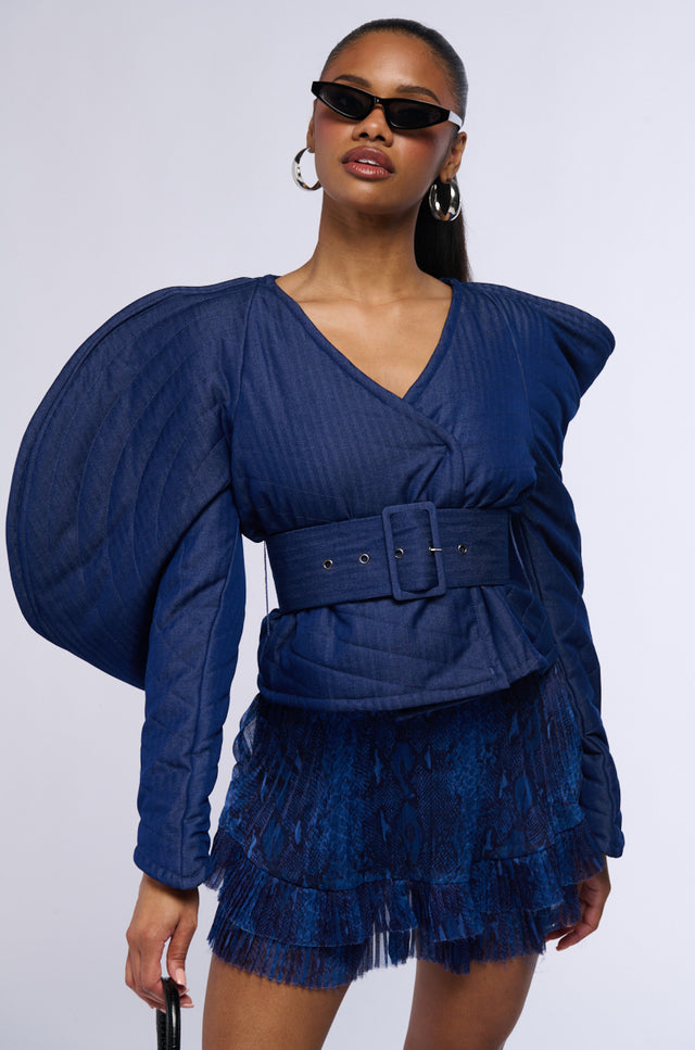 RAINA DRAMATIC SLEEVE BELTED BLOUSE – AKIRA