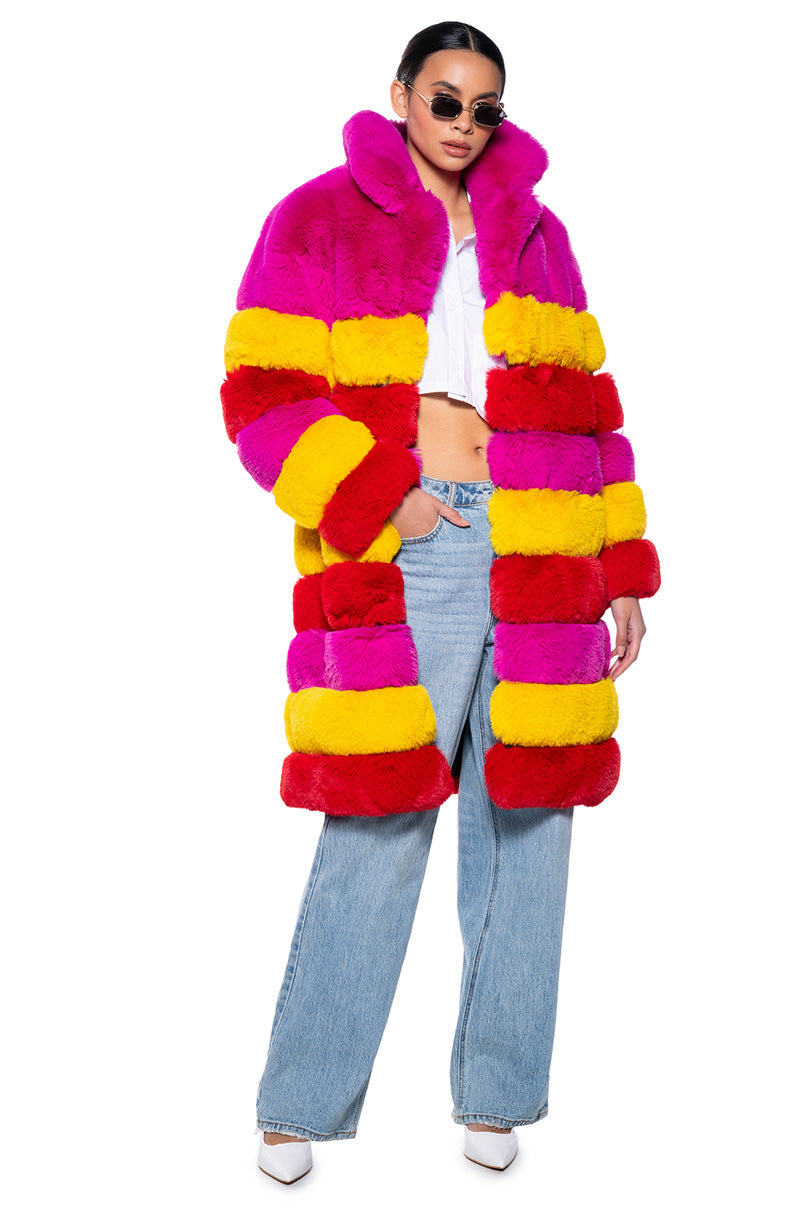 RAMI MULTI COLOR FAUX FUR PANEL TRENCH COAT – AKIRA