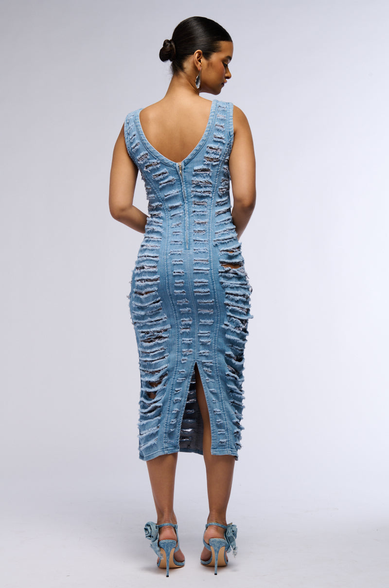 SHE'S GOT IT SHREDDED DENIM MIDI DRESS – AKIRA
