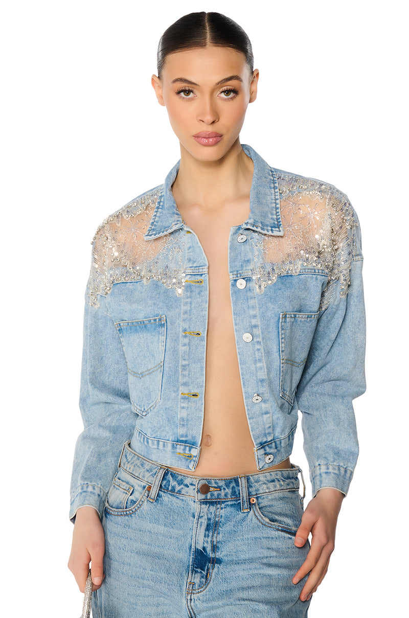 SHOW IT OFF SEQUIN DENIM JACKET – AKIRA