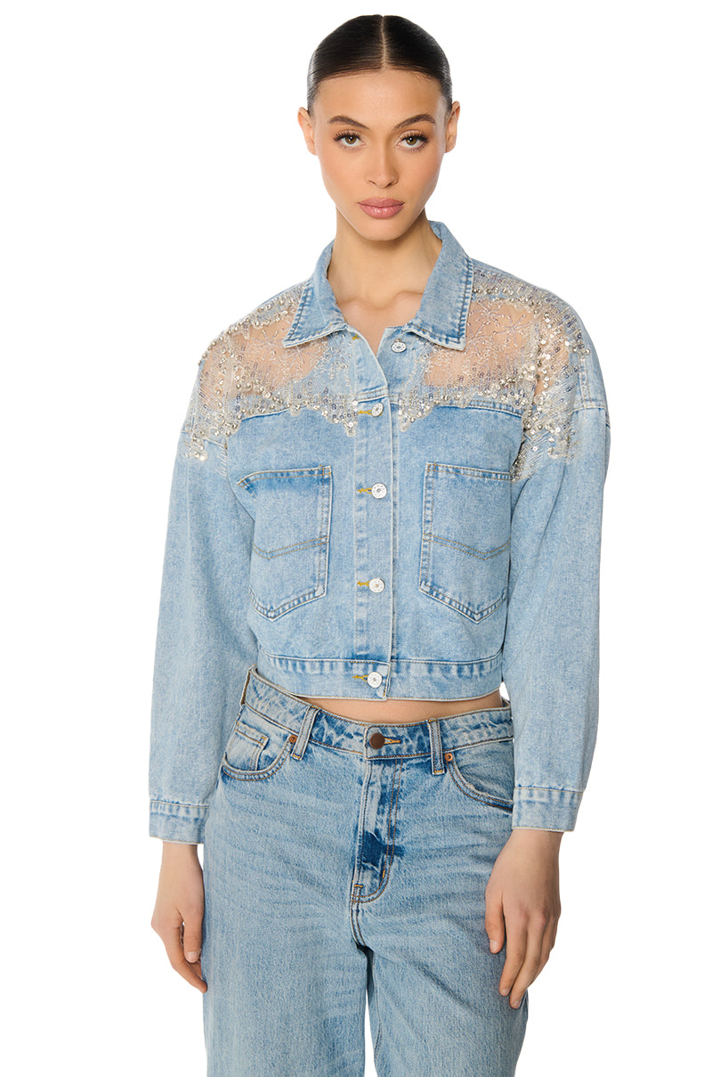 SHOW IT OFF SEQUIN DENIM JACKET – AKIRA