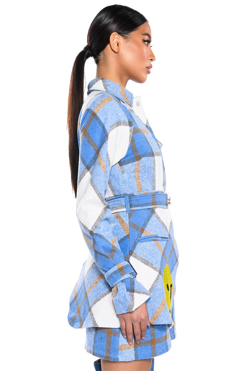 SMILEY PATCH DETAIL LONG SLEEVE PLAID MINI DRESS – AKIRA