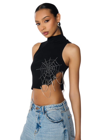 SPIDER WEBS MOCK NECK EMBELLISHED CROPPED TANK – AKIRA