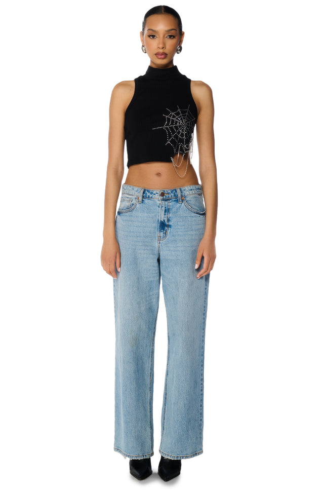 SPIDER WEBS MOCK NECK EMBELLISHED CROPPED TANK – AKIRA