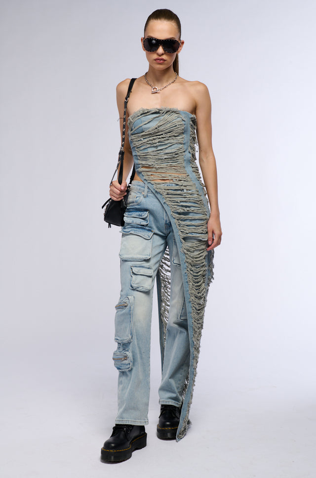 TAKE ME DOWN DISTRESSED DENIM TOP – AKIRA