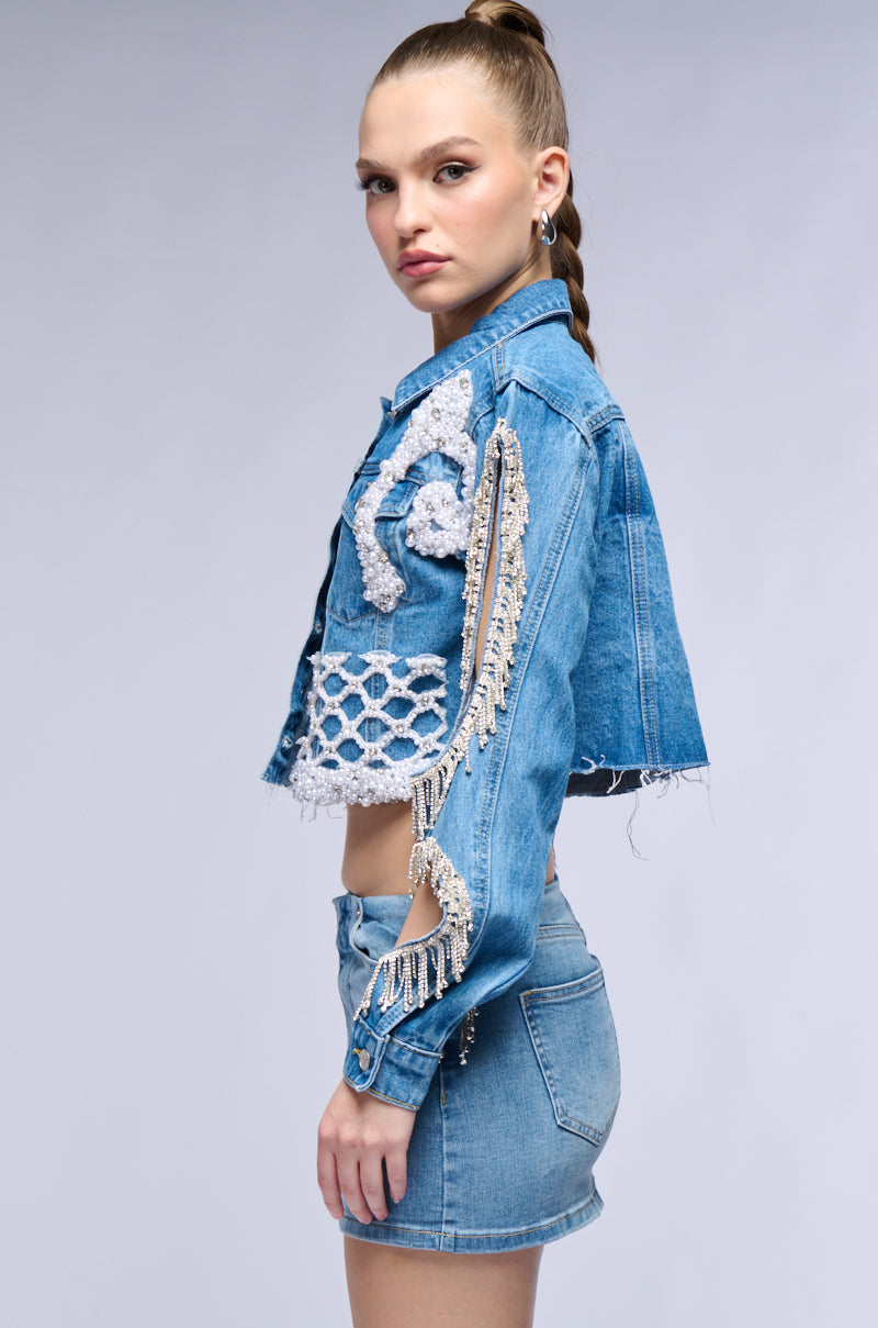 TEXAS BOUND RHINESTONE FRINGE PEARL CROP DENIM JACKET WITH CUT OUT SLE ...