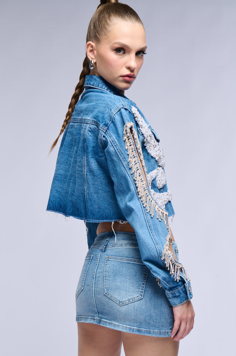 TEXAS BOUND RHINESTONE FRINGE PEARL CROP DENIM JACKET WITH CUT OUT SLE – AKIRA