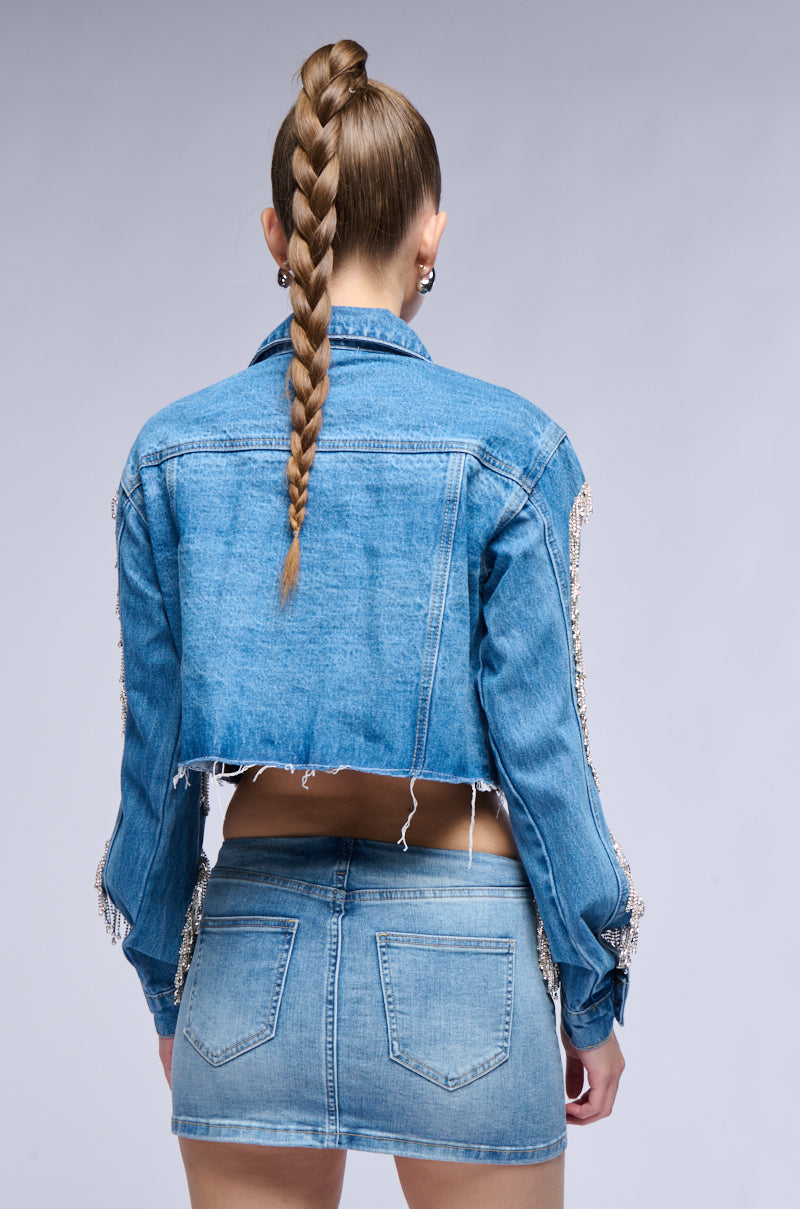 TEXAS BOUND RHINESTONE FRINGE PEARL CROP DENIM JACKET WITH CUT OUT SLE ...