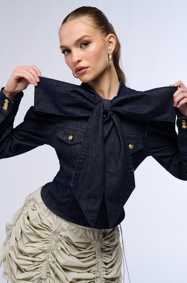 WAIT FOR U DENIM BOW BLOUSE – AKIRA