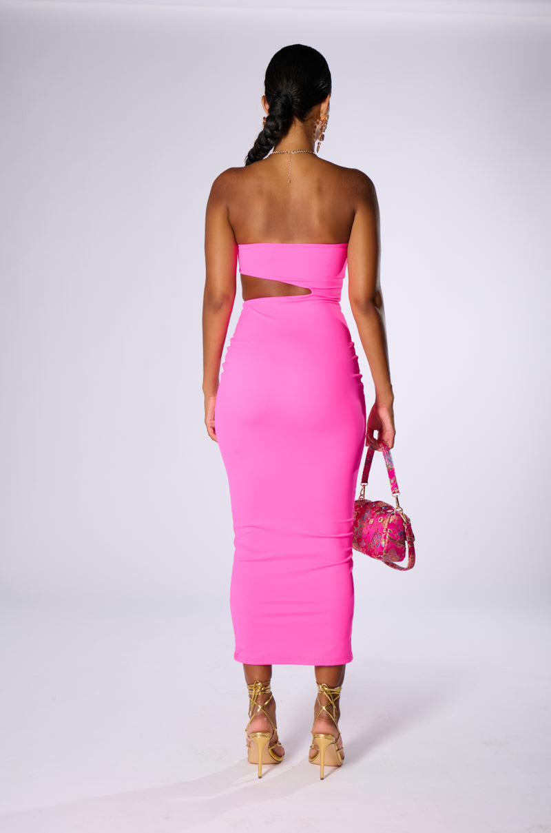 WOKE UP LIKE THIS STRAPLESS CUT OUT MIDI DRESS IN PINK – AKIRA