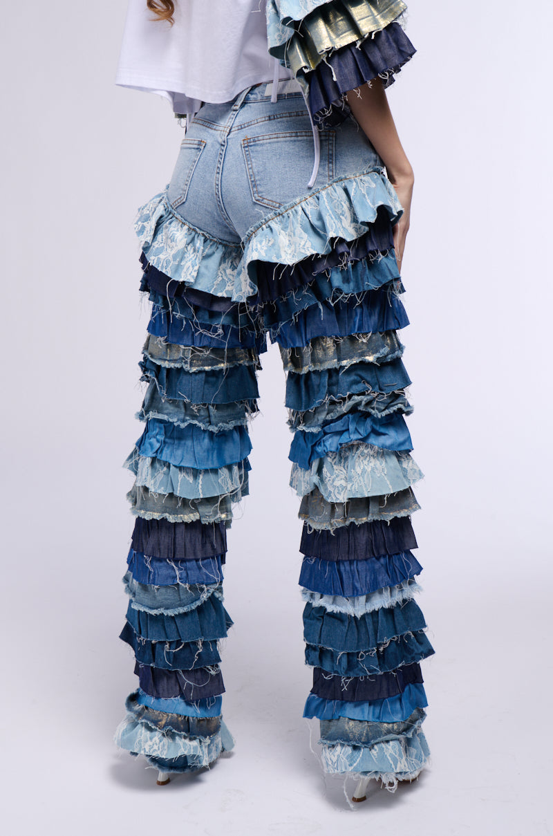 WONDERLAND RUFFLED WIDE LEG DENIM JEAN – AKIRA