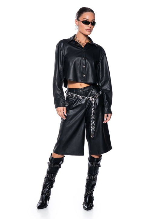 ZOE LONG FAUX LEATHER SHORTS IN BLACK – AKIRA